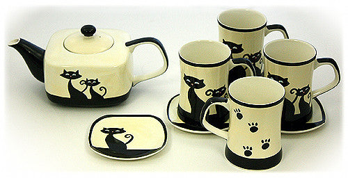 Hues & Brews ivory 9 Piece Cattitude Teapot, Mugs & Coasters Set - 10"